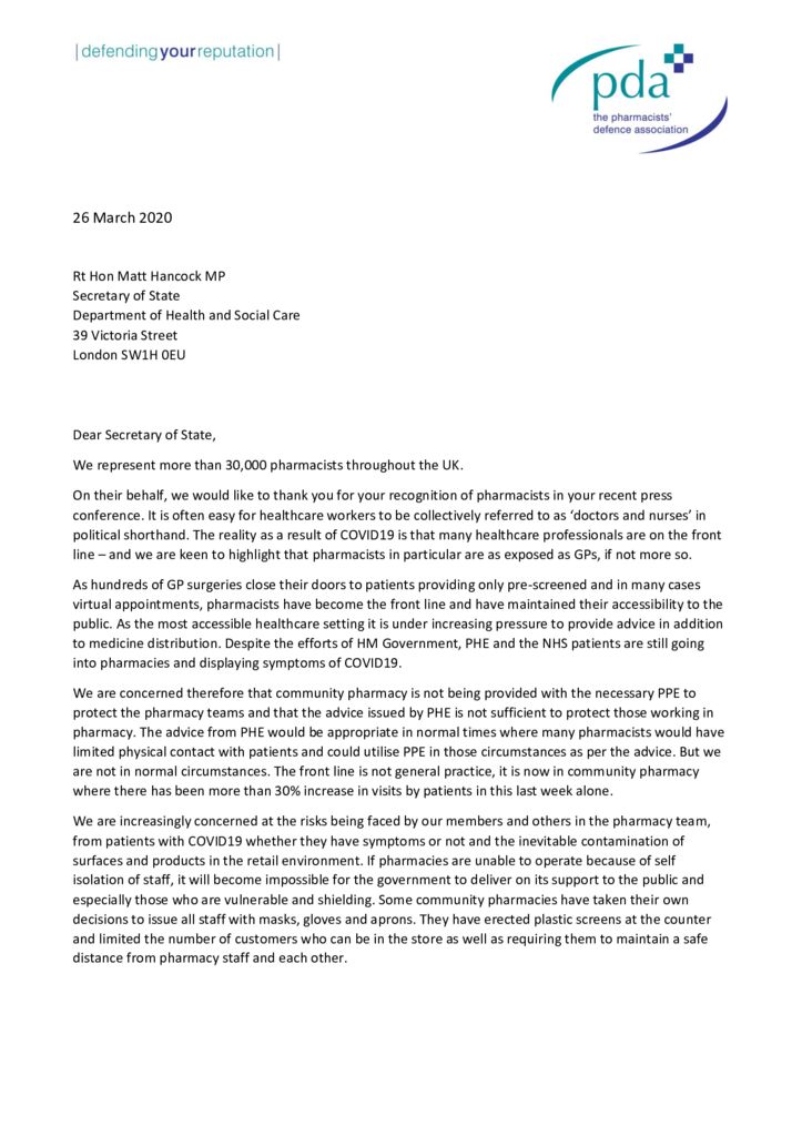 PDA call on Matt Hancock to ensure PPE is made available to community ...